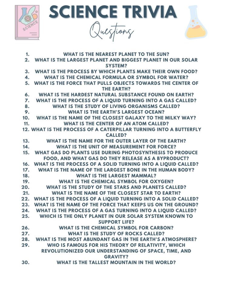 Science Trivia Questions for kids with Printable Q and A Sheet