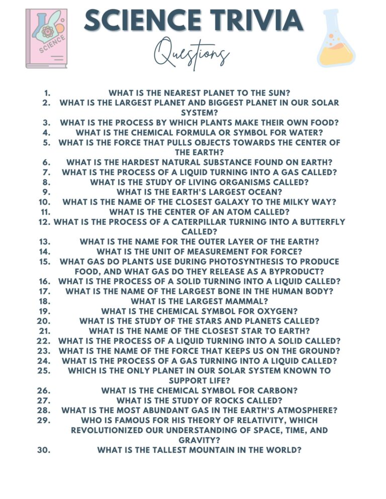 Science Trivia Questions for kids with Printable Q and A Sheet