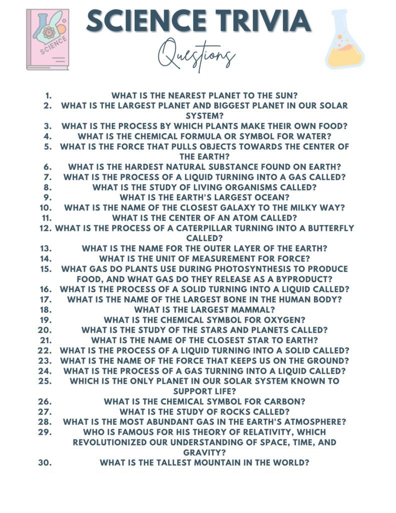 Science Trivia Questions For Kids With Printable Q And A Sheet Science Trivia Questions For Kids With Printable Q And A Sheet
