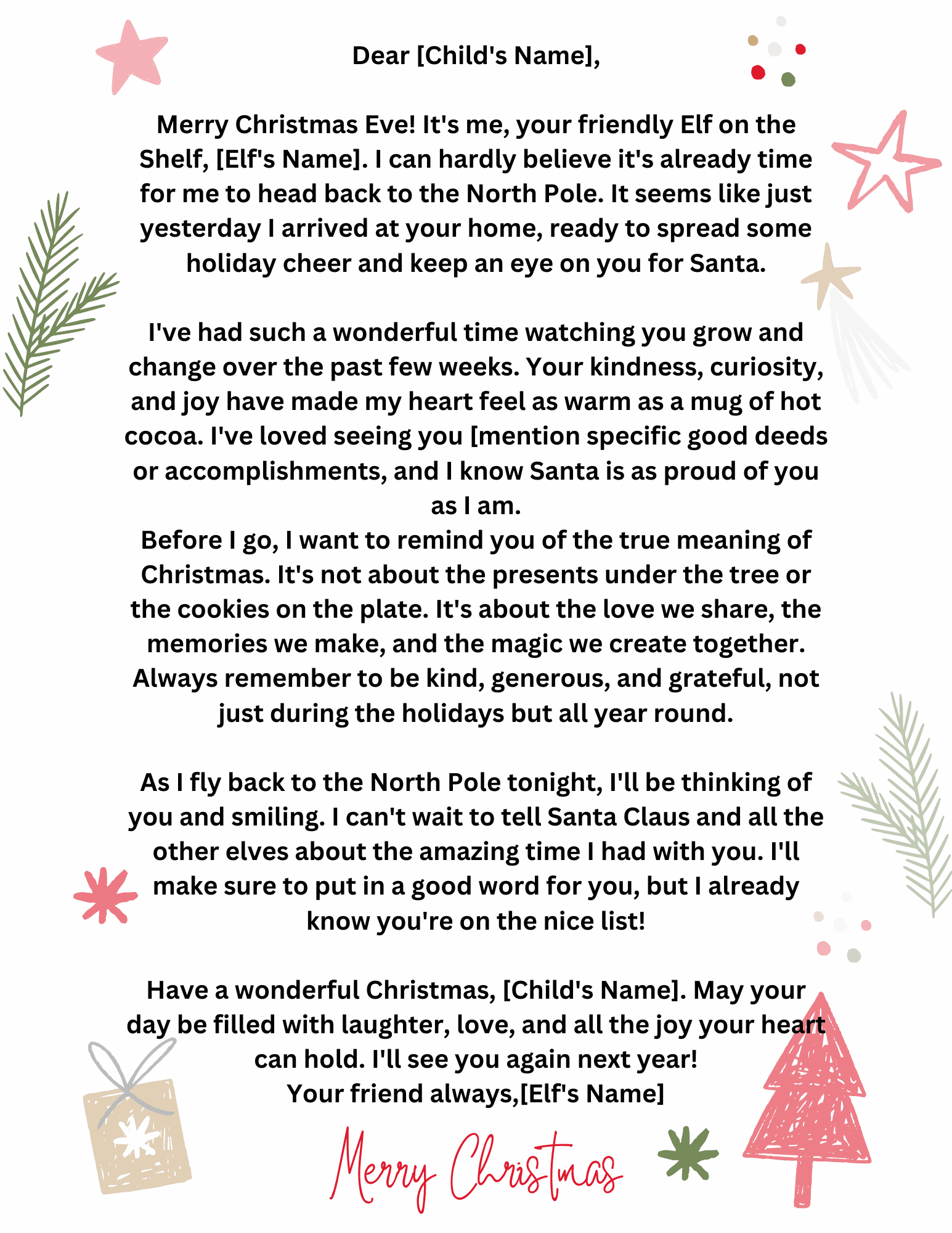 Elf on the Shelf Christmas Eve letter Free Printable