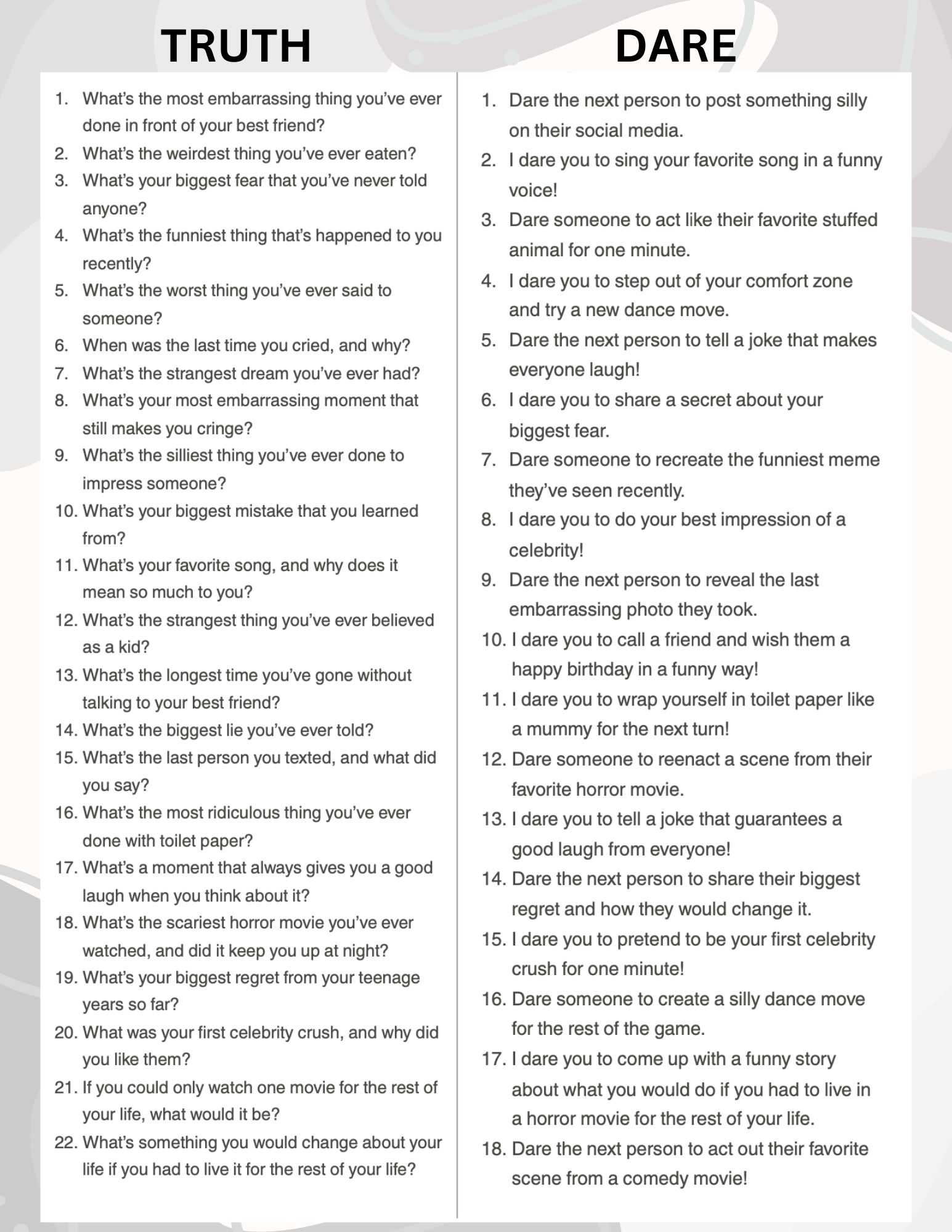 Playful and Clean Truth or Dare Questions for Teens