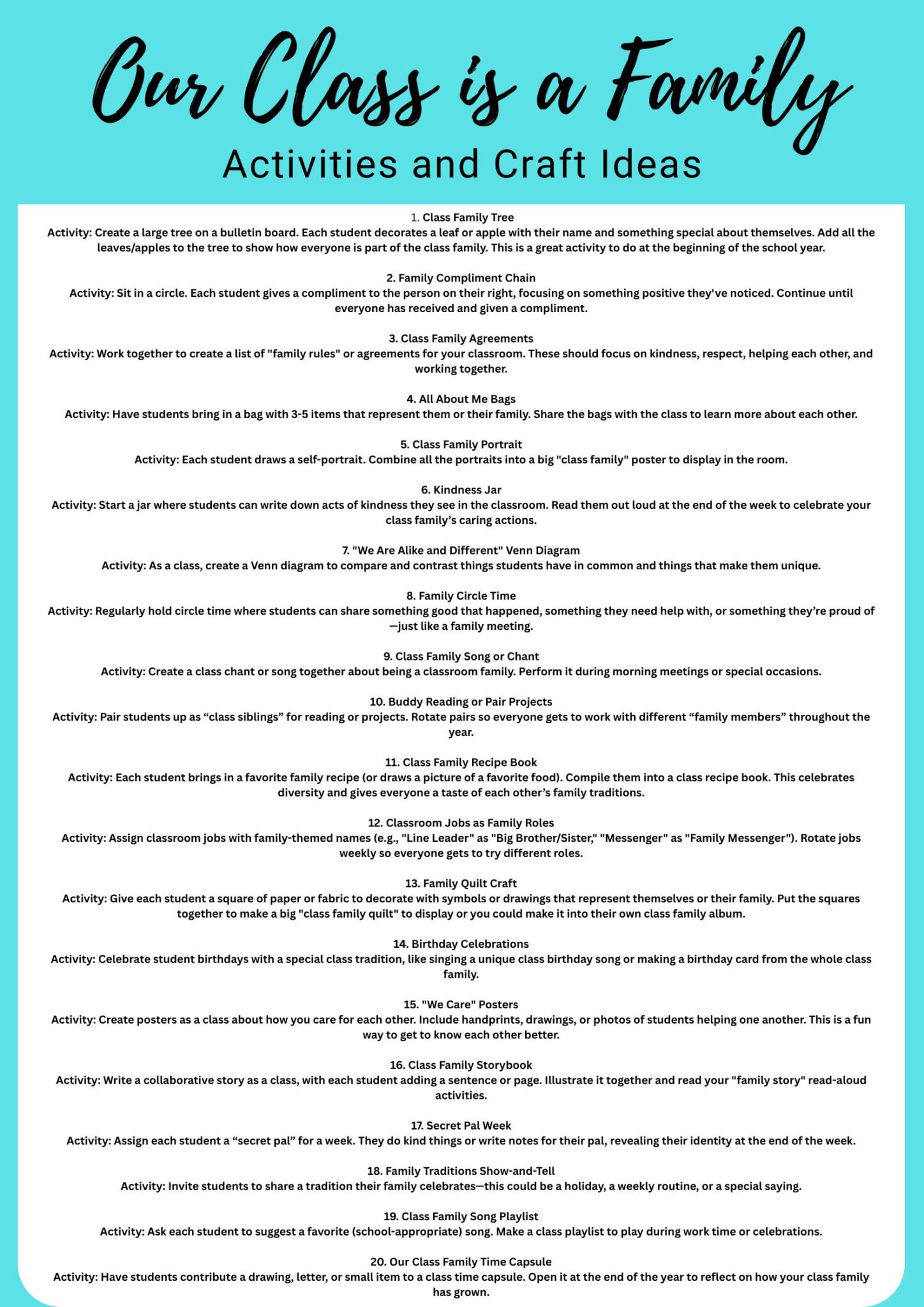 'Our Class is a Family' Activities for the Classroom and Home
