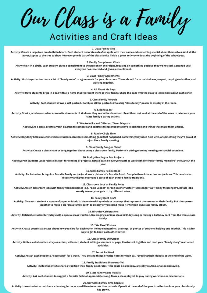 'Our Class is a Family' Activities for the Classroom and Home