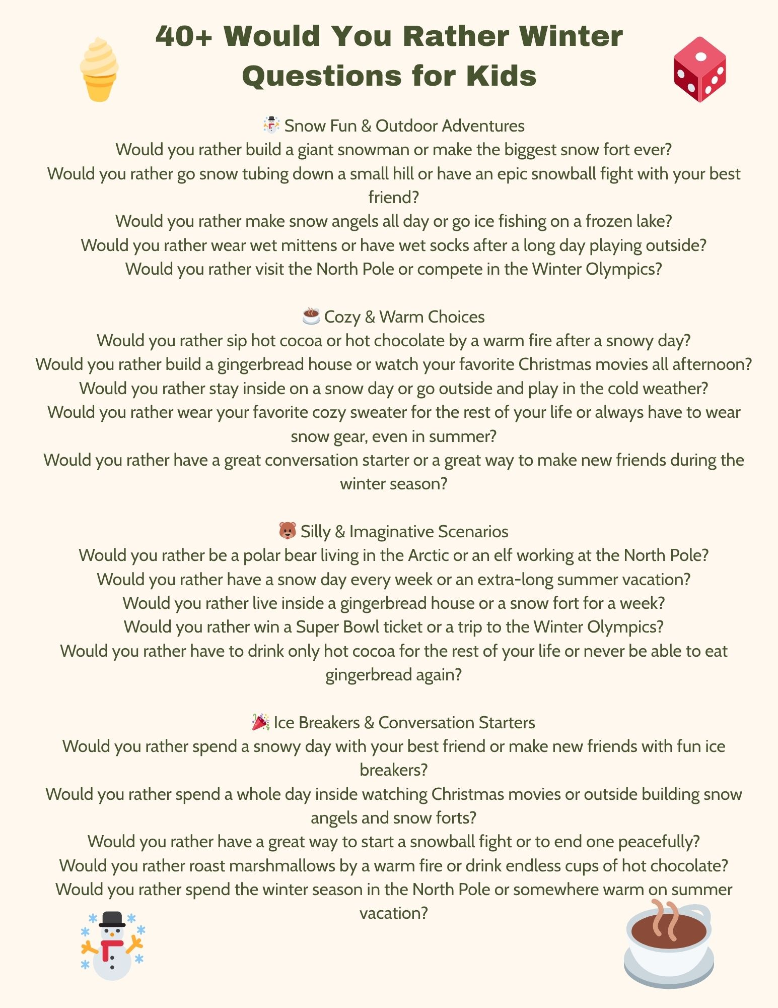 40+ Winter Would You Rather Questions for Kids